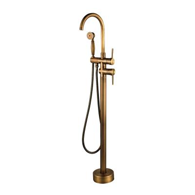 China Oersitor Luxury Brass Bathroom Faucet Floor Free Standing Faucet with Simple 2 Handle Hot and Cold Bathtub and Dual-Mode Faucet (FSB03 antique brass) for sale