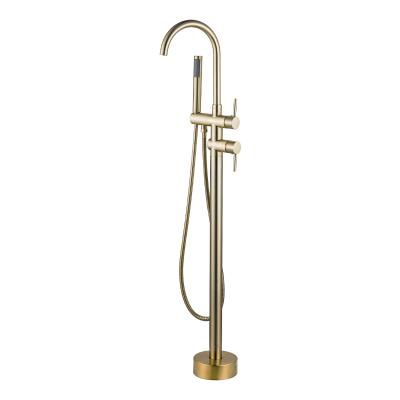 China Oersitor Luxury Brass Bathroom Faucet Floor Free Standing Faucet with Simple 2 Handle Hot and Cold Bathtub and Dual-Mode Faucet (FSB03 brush gold) for sale