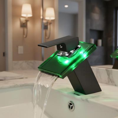 China Oersitor Luxury LED Color Changing Waterfall Sink Faucet Polished 3 Colors LED Light Tap Basin Deck Mounted Mixer Tap (A5 matte black) for sale