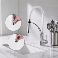 China Oersitor Brass Kitchen Sink Faucet 2 Modes Flexible Pipe Hot Cold Water Mixer Tap Single Handle Free Rotation Crane Faucet (S39 white tube) for sale