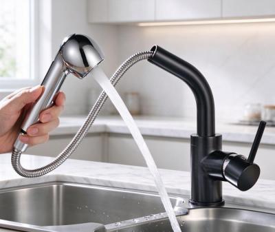 China Oersitor Black Kitchen Sink Faucet Hot Cold Water Mixer Crane 360 Degree Pull Out Water Taps Brushed Chrome (S48 chrome + black) for sale