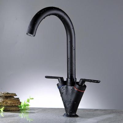 China Oersitor Kitchen Faucet Brass Double Handle Kitchen Sink Tap Hot and Cold Water Faucet 360 Rotation Deck Mounted Mixer Taps (R17 matte black) for sale