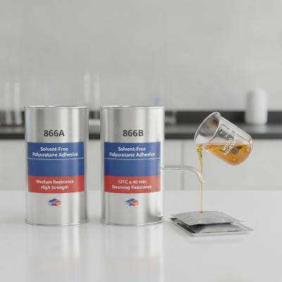 China 866A 866B Solvent-Free Polyurethane Adhesive with Medium Resistance High Strength and 121C x 40 min Steaming Resistance for Flexible Packaging Lamination for sale