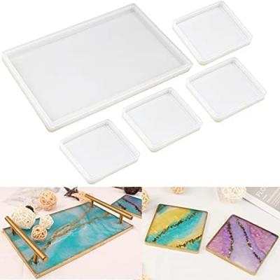China LSY 1Pc Thick Rectangle Tray Mold with 4 Pack Square Coaster Molds, Shiny Flat Edge Coaster Tray Silicone Mold for Resin for sale