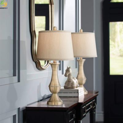 China Decoration Read Clear Glass Linen Copper LED Bedside Table Lamp for sale