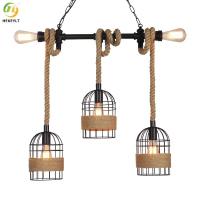 China Vintage Metal Cage Glass Crystal Chandelier Hemp Rope Bulb Light for sale