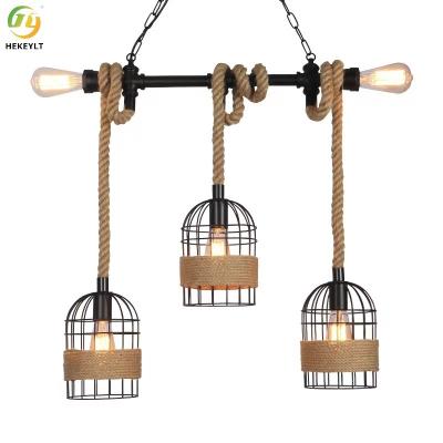China Vintage Metal Cage Glass Crystal Chandelier Hemp Rope Bulb Light for sale