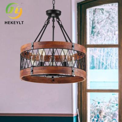 China American Retro Five Head Round Wood Chandelier Modern Simple Living Room Bedroom Hotel Pendant Light for sale