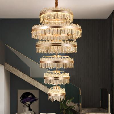 China JYLIGHTING Luxury Crystal Hotel Wedding Floor Large Big Led Living Staircase Designer Gold Long Chandelier Crystal Pendant Light for sale