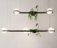 China Nordic Linear Chandelier with Planter, Frosted Glass Sphere Pendant Light, Black Metal Hanging Plant Light for Living Room Dining Area for sale