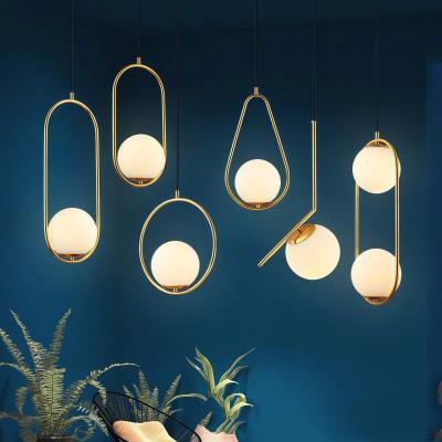 China JYLIGHTING Minimalist Brass Opal Glass Globe Pendant Light, Geometric Frame Hanging Lamp for Home Decor for sale
