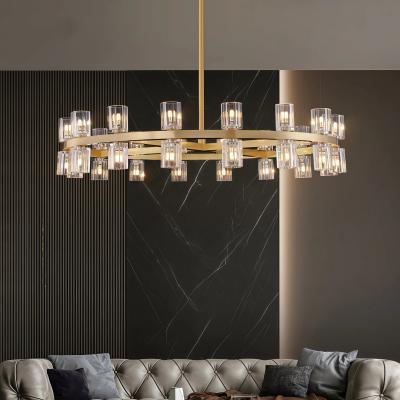 China JYLIGHTING Modern Luxury Gold Brass Wagon Wheel Chandelier, 2-Tier Clear Ribbed Glass Cylinder Pendant Light for Living Room, Dining Room for sale