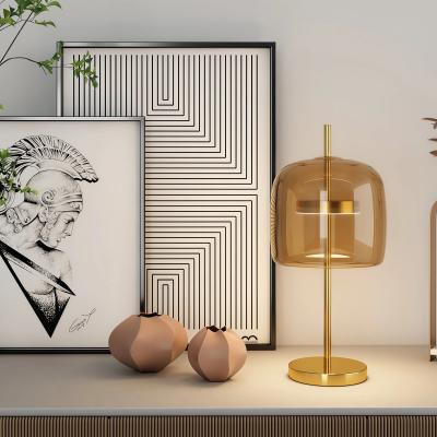 China JYLIGHTING Modern Smoked Glass Table Lamp, Gold-Plated Metal Frame with Integrated LED for Bedroom & Living Room for sale