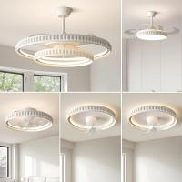 China JYLIGHTING Modern 2-Tier Dimmable Ceiling Fan Light, White Ribbed LED Chandelier with Retractable Blades for Bedroom & Living Room for sale