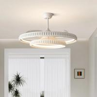 China JYLIGHTING Modern 2-Tier Dimmable Ceiling Fan Light, White Ribbed LED Chandelier with Retractable Blades for Bedroom & Living Room for sale