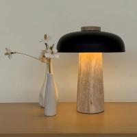 China JYLIGHTING Modern Mushroom-Shaped Table Lamp, Travertine Base & Matte Black Metal Shade for Bedroom & Living Room Decor for sale