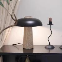 China JYLIGHTING Modern Mushroom-Shaped Table Lamp, Travertine Base & Matte Black Metal Shade for Bedroom & Living Room Decor for sale