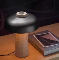 China JYLIGHTING Modern Mushroom-Shaped Table Lamp, Travertine Base & Matte Black Metal Shade for Bedroom & Living Room Decor for sale