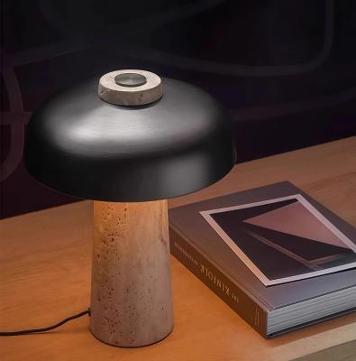 China JYLIGHTING Modern Mushroom-Shaped Table Lamp, Travertine Base & Matte Black Metal Shade for Bedroom & Living Room Decor for sale