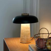 China JYLIGHTING Modern Mushroom-Shaped Table Lamp, Travertine Base & Matte Black Metal Shade for Bedroom & Living Room Decor for sale