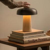 China JYLIGHTING Modern Mushroom-Shaped Table Lamp, Travertine Base & Matte Black Metal Shade for Bedroom & Living Room Decor for sale