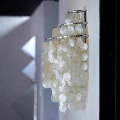 China JYLIGHTING Tiered Capiz Shell & Chrome Iron Chandelier, Cascading Natural Shell Waterfall Pendant Light for Coastal Living Room & High Ceiling Foyer for sale