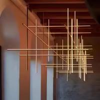 China JYLIGHTING Modern Minimalist Intersecting Rod Chandelier, Matte Gold Aluminum Frame Linear LED Suspension Light for Kitchen Island & High-End Office for sale
