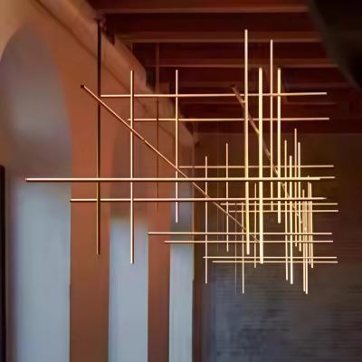 China JYLIGHTING Modern Minimalist Intersecting Rod Chandelier, Matte Gold Aluminum Frame Linear LED Suspension Light for Kitchen Island & High-End Office for sale