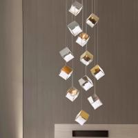 China JYLIGHTING Modern Geometric Cube Pendant Light, Two-Tone Stainless Steel & Textured Glass Multi-Drop Lamp for Long Staircase & Hotel Lobby for sale