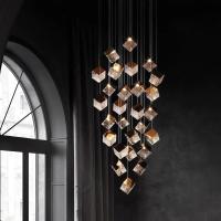 China JYLIGHTING Modern Geometric Cube Pendant Light, Two-Tone Stainless Steel & Textured Glass Multi-Drop Lamp for Long Staircase & Hotel Lobby for sale