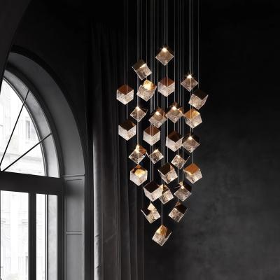 China JYLIGHTING Modern Geometric Cube Pendant Light, Two-Tone Stainless Steel & Textured Glass Multi-Drop Lamp for Long Staircase & Hotel Lobby for sale