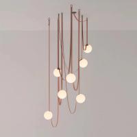 China JYLIGHTING Modern 5-Light Pendant Chandelier, Leather Strap & Opal Glass Globe Suspension Light for High Ceiling Lobby for sale