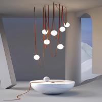 China JYLIGHTING Modern 5-Light Pendant Chandelier, Leather Strap & Opal Glass Globe Suspension Light for High Ceiling Lobby for sale