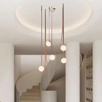 China JYLIGHTING Modern 5-Light Pendant Chandelier, Leather Strap & Opal Glass Globe Suspension Light for High Ceiling Lobby for sale