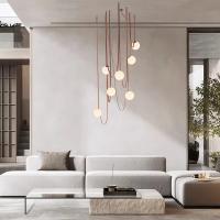 China JYLIGHTING Modern 5-Light Pendant Chandelier, Leather Strap & Opal Glass Globe Suspension Light for High Ceiling Lobby for sale