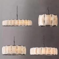 China JYLIGHTING Luxury Round Natural Alabaster & Brass Pendant Light, Elegant Linear Chandelier for Dining & Living Room for sale