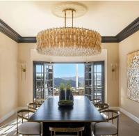 China JYLIGHTING Modern Amber Glass & Gold Iron Chandelier, 4-Tier Drum Pendant Light for Dining & Living Room for sale