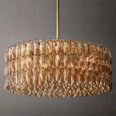 China JYLIGHTING Modern Amber Glass & Gold Iron Chandelier, 4-Tier Drum Pendant Light for Dining & Living Room for sale