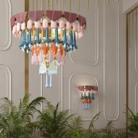 China JYLIGHTING Modern Multi-Tier Pastel Ceramic & Gold Iron Chandelier, Statement Colorful Pendant Light for Living Room & Dining Space for sale