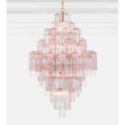 China JYLIGHTING Modern Multi-Tier Smoked Grey Fluted Glass Chandelier, Gold Iron Frame Round Pendant Light for High Ceiling Foyer & Stairwell for sale