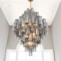 China JYLIGHTING Modern Multi-Tier Smoked Grey Fluted Glass Chandelier, Gold Iron Frame Round Pendant Light for High Ceiling Foyer & Stairwell for sale