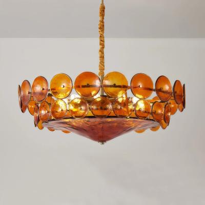 China JYLIGHTING Vintage Amber Hand-Blown Glass Disc Chandelier, Gold Iron Frame Round Pendant Lamp for Dining Room & Villa Living Space for sale
