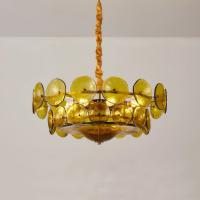 China JYLIGHTING Vintage Amber Hand-Blown Glass Disc Chandelier, Gold Iron Frame Round Pendant Lamp for Dining Room & Villa Living Space for sale