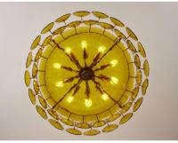 China JYLIGHTING Vintage Amber Hand-Blown Glass Disc Chandelier, Gold Iron Frame Round Pendant Lamp for Dining Room & Villa Living Space for sale