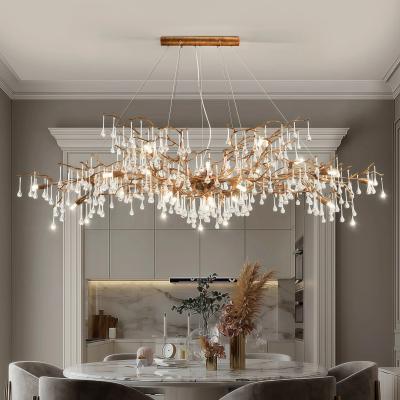 China JYLIGHTING Rustic Branch Brass & Crystal Linear Chandelier, Natural Tree Twig Waterdrop Crystal Pendant Light for Dining Room & Villa Lobby for sale