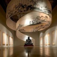China JYLIGHTING Chinese Landscape Printed PET Spiral Art Installation Light, Custom Curved Ribbon LED Sculpture Lighting for Banquet Hall & Hotel Lobby for sale