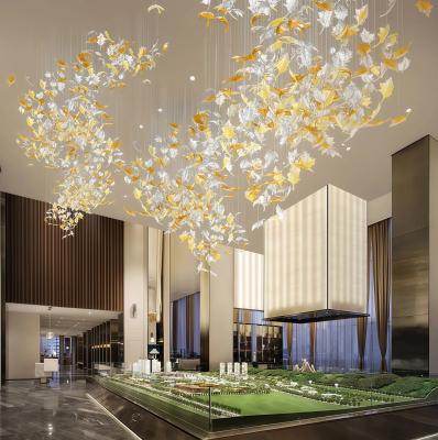 China JYLIGHTING Falling Leaf Shaped Stainless Steel & Glass Art Chandelier, Gradient Turquoise Hanging Leaf Sculpture Pendant Light for Atrium, Hotel Lobby & Villa High Ceiling for sale