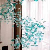 China JYLIGHTING Falling Leaf Shaped Stainless Steel & Glass Art Chandelier, Gradient Turquoise Hanging Leaf Sculpture Pendant Light for Atrium, Hotel Lobby & Villa High Ceiling for sale