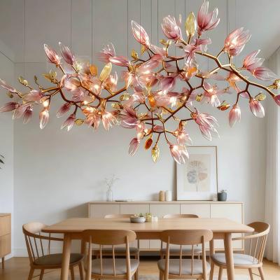 China JYLIGHTING Modern Pink Magnolia Glass & Stainless Steel Chandelier, Creative Branch Shape Suspension Lamp for High-end Club and Sales Office for sale