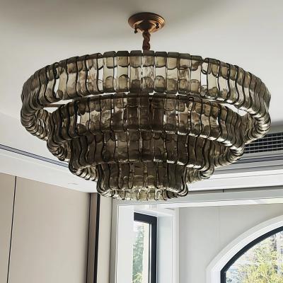 China JYLIGHTING Vintage Tiered Smoke‑Tint Curved Glass Chandelier, Wrought Iron Frame Hanging Light for Luxury Villa, Dining Hall and Hotel Reception Projects for sale